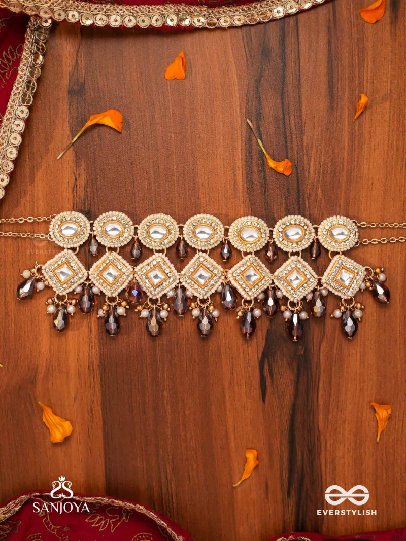SHYAMALA - DUSKY QUEEN- GEOMETRIC POLKI NECKLACE WITH RICH GLASS DROPS ...